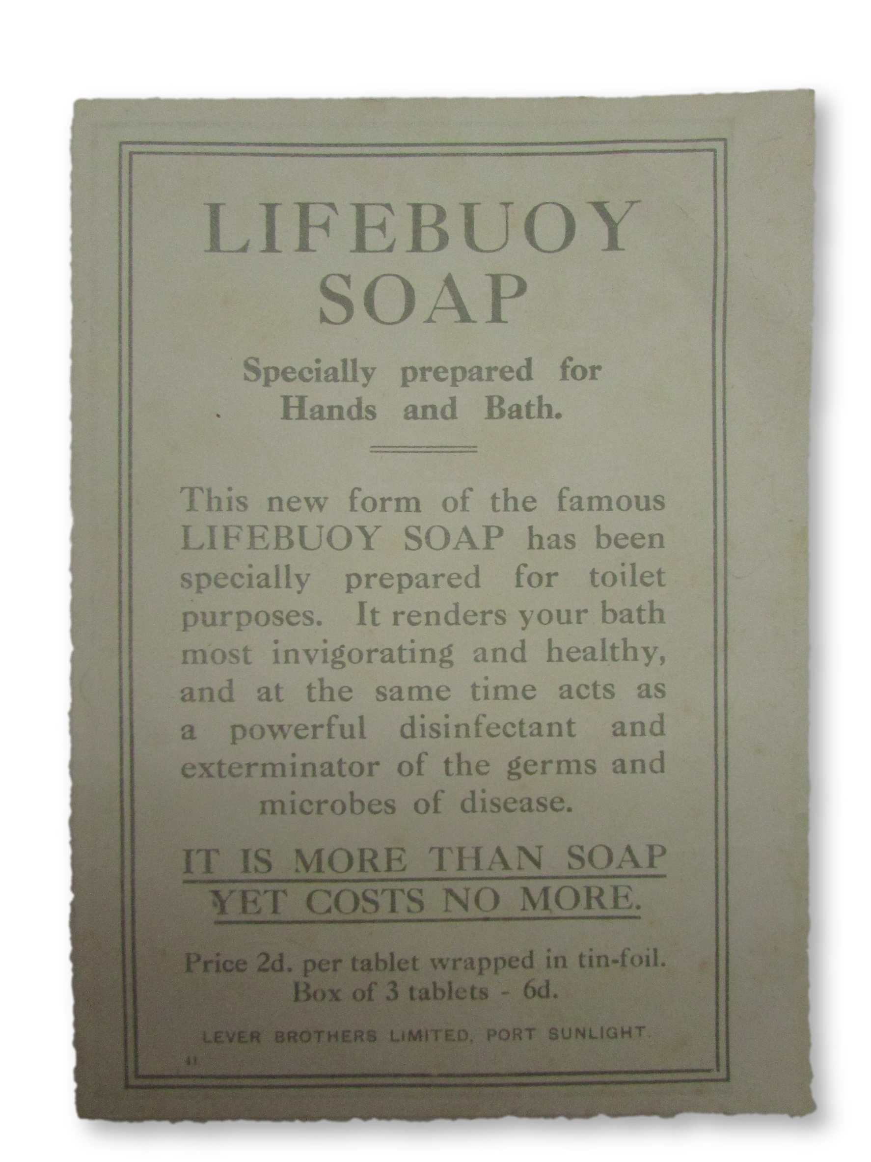 Early Edwardian Loose leaf Advertisement for Lifebuoy Soap by OWEN ...