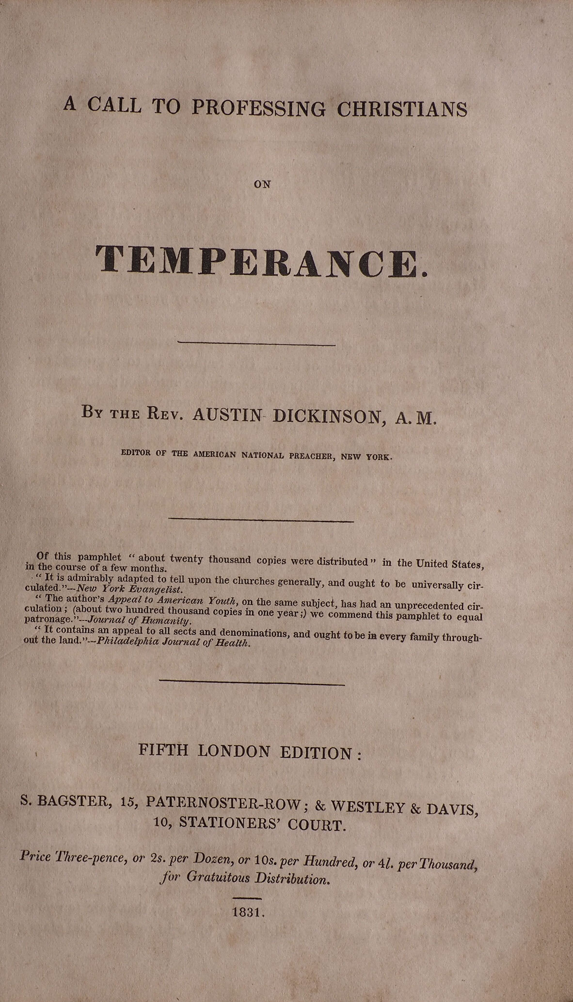 A Call to professing Christians on Temperance… fifth London edition ...