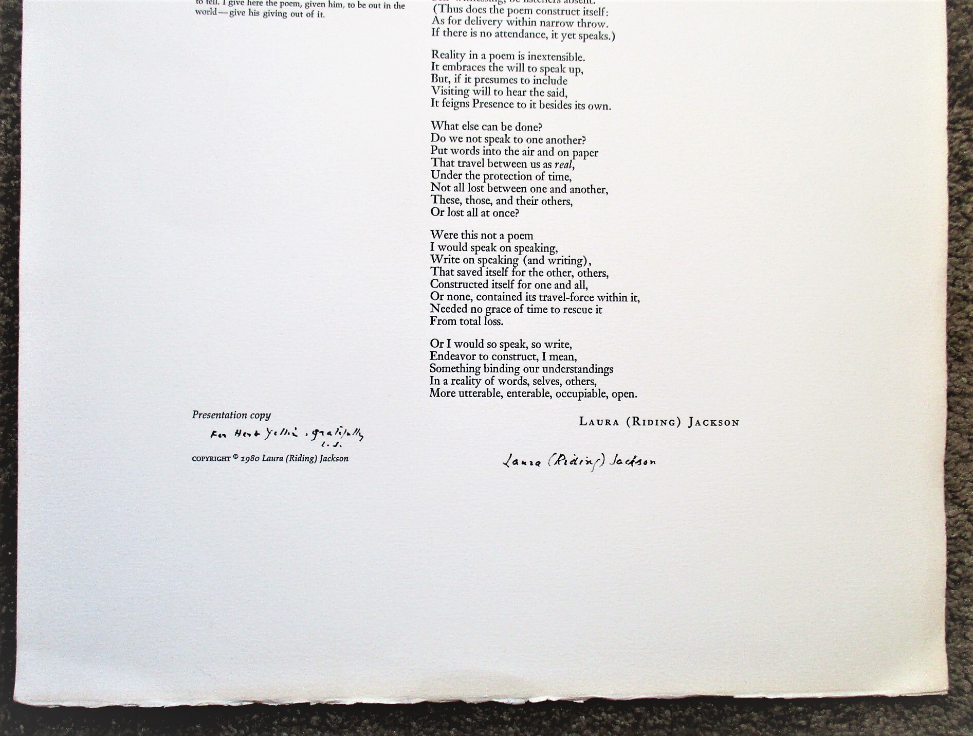 1980 LAURA RIDING JACKSON Poetry Broadside SIGNED & INSCRIBED to ...