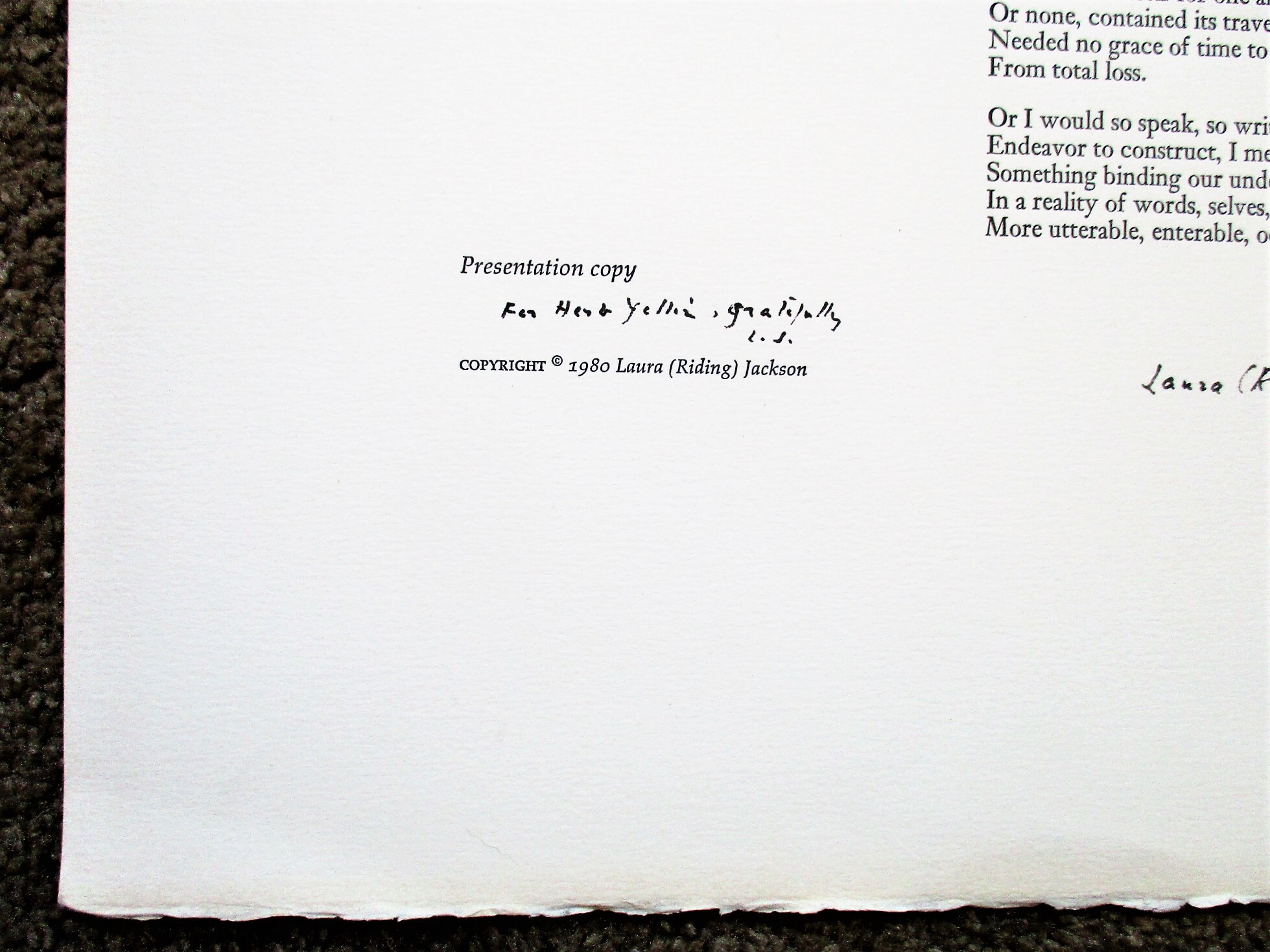 1980 LAURA RIDING JACKSON Poetry Broadside SIGNED & INSCRIBED to ...